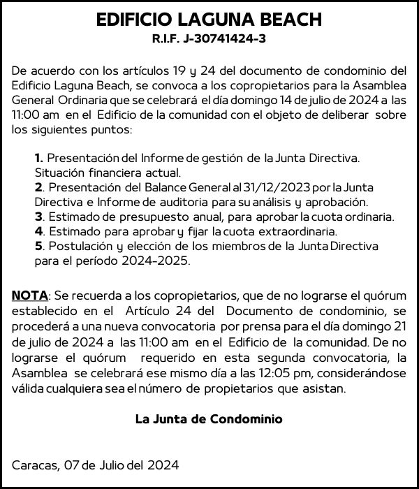 CONVOCATORIA EDIFICIO LAGUNA BEACH